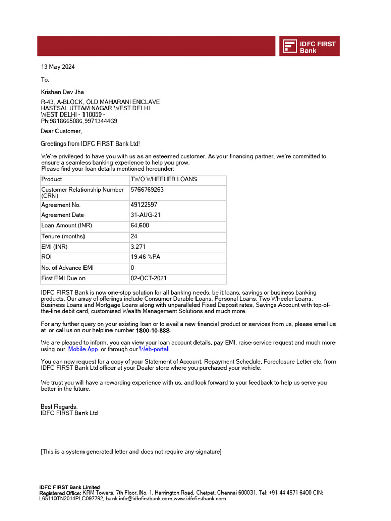 IDFC FIRST Bank Two Wheeler Loan Details | PDF | Banks | Loans