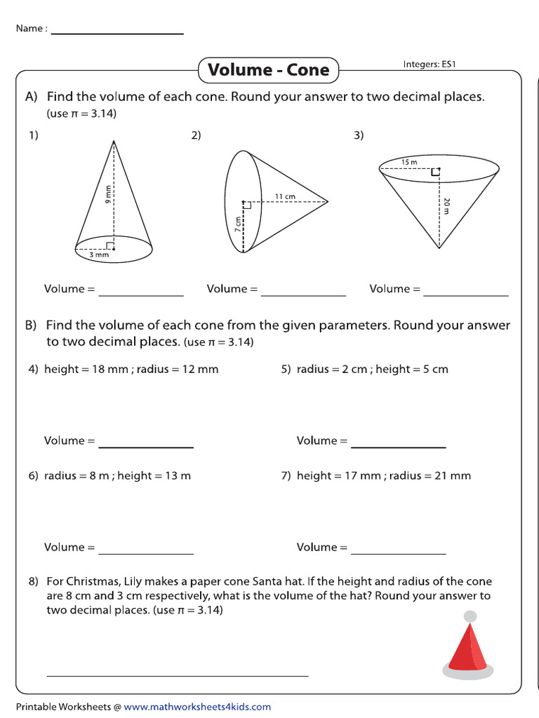 Worksheets - 8th Grade - Volume Surfacearea - Metric - Volume Cone ...