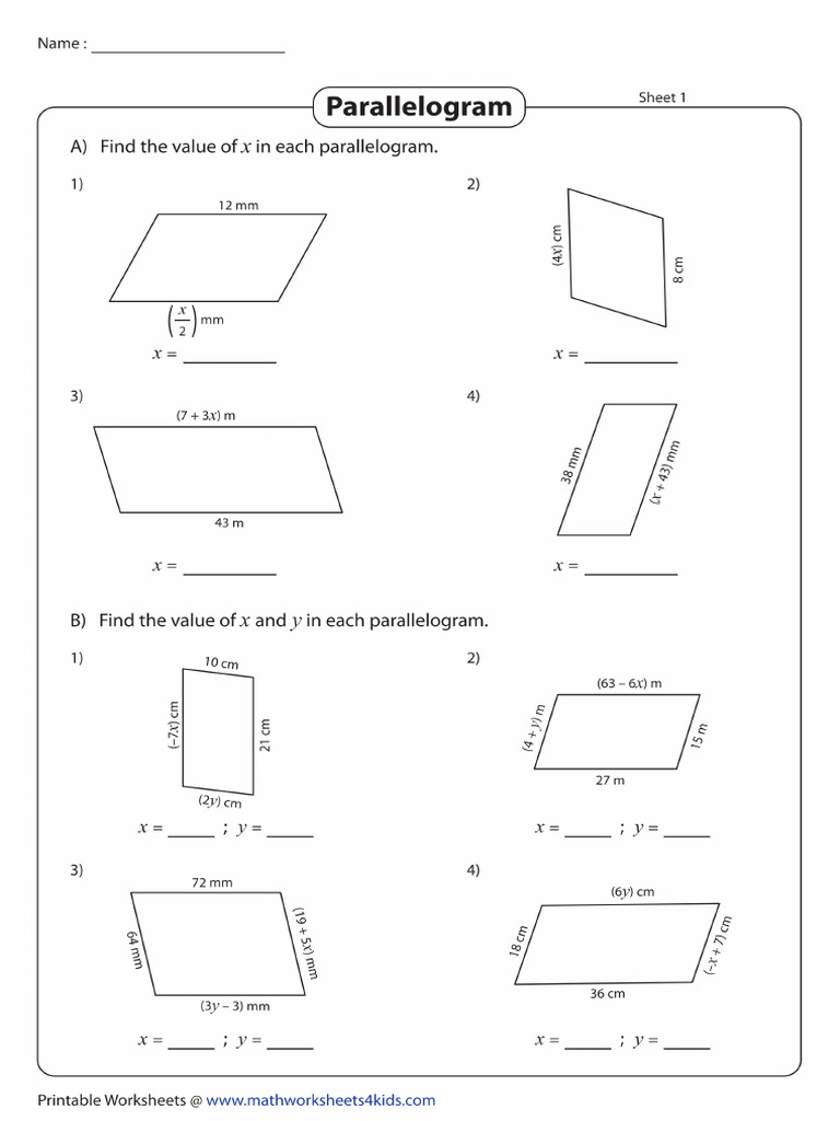 Worksheets 7th Grade Applications Linear Equations Metric Parallelogram ...
