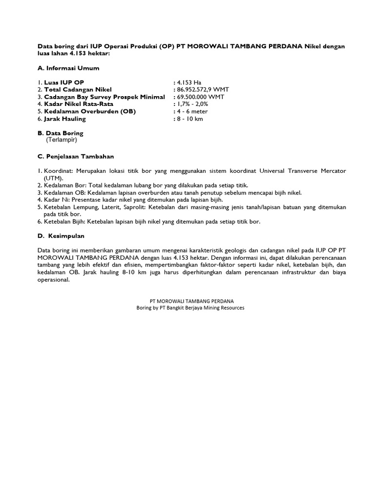 Data Boring Dari IUP Operasi Produksi PT MTP | PDF
