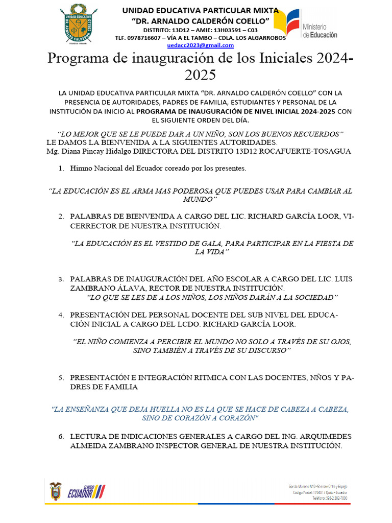 Programa Inauguracion Inicial | PDF