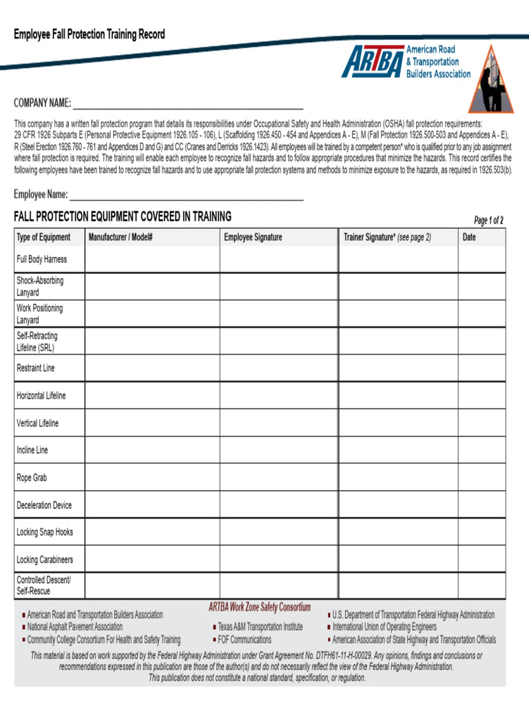 Fall Protection Training Record Template | PDF | Occupational Safety ...