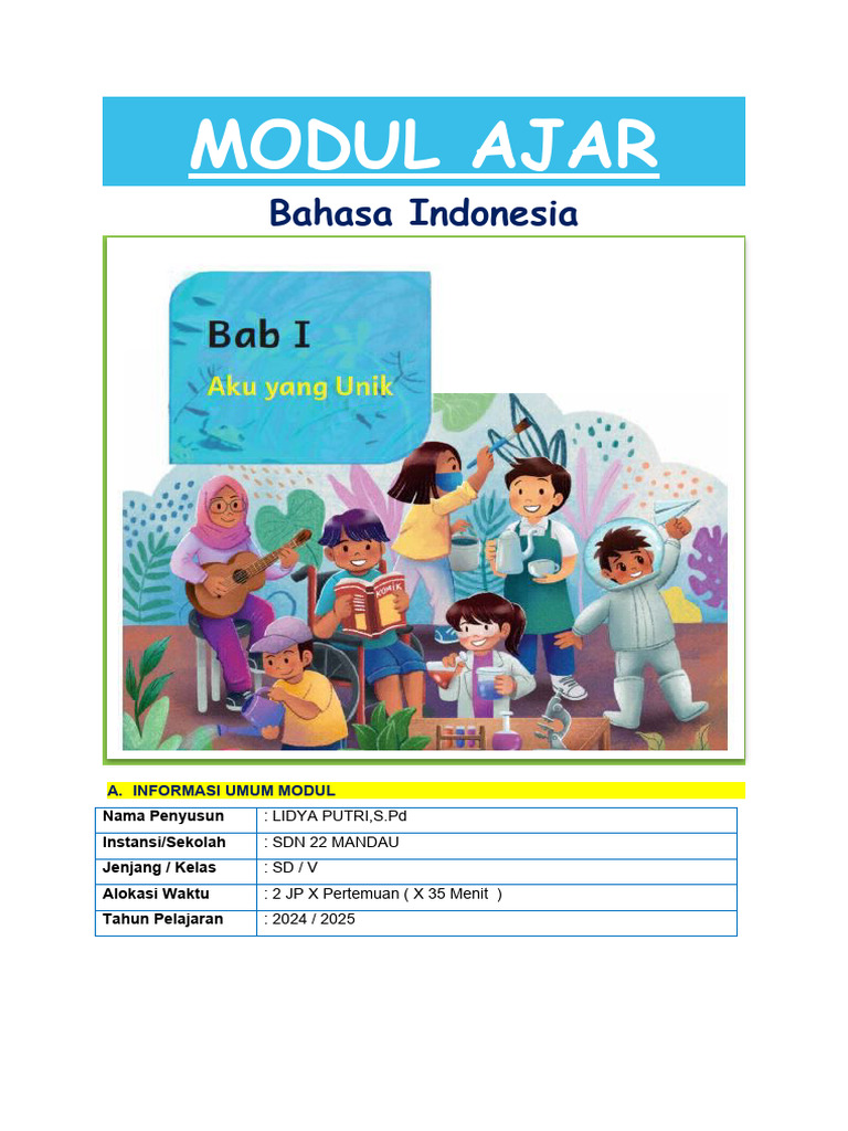 Modul Ajar B.Indonesia Kelas 5 - BAB 1 | PDF | Seni & Disiplin Bahasa | Sains & Matematika