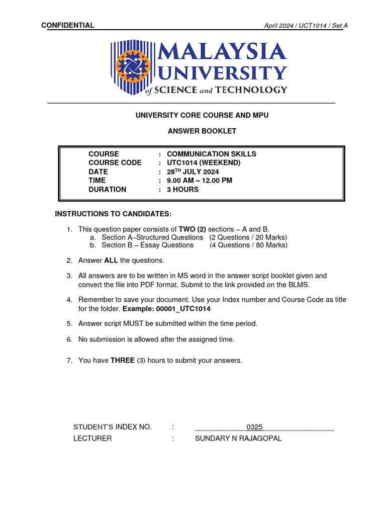 Answer Booklet Utc1014 Communication Skills MS Sundary-B22110024 | PDF | Communication | Leadership