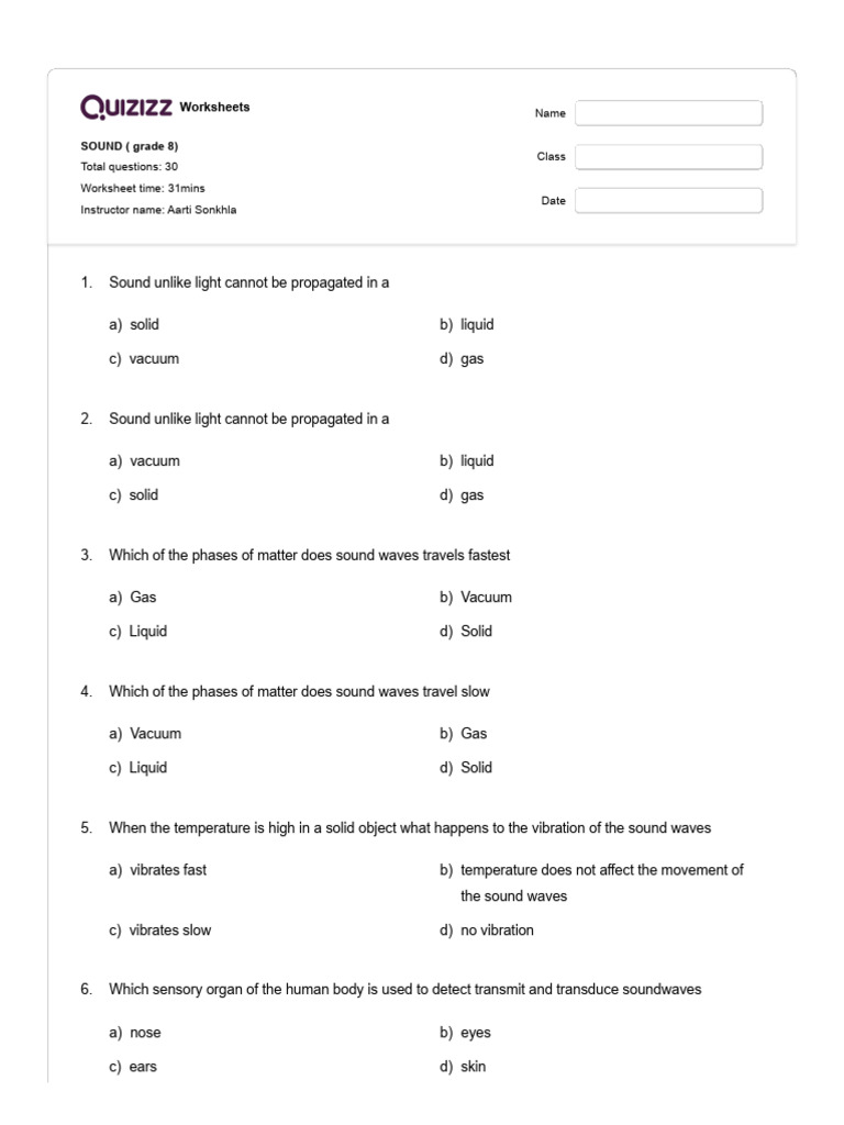 SOUND ( Grade 8) _ Quizizz | PDF | Sound | Waves