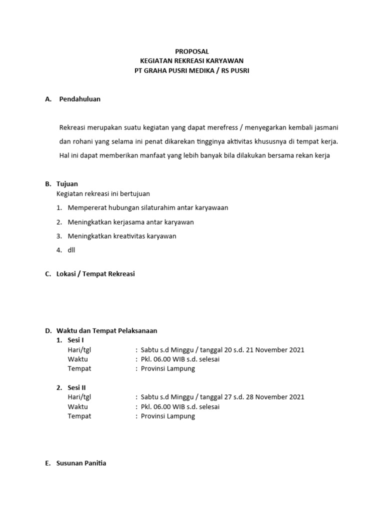 Proposal Kegiatan Rekreasi Nov 2021 | PDF | Pengembangan Diri | Sains ...