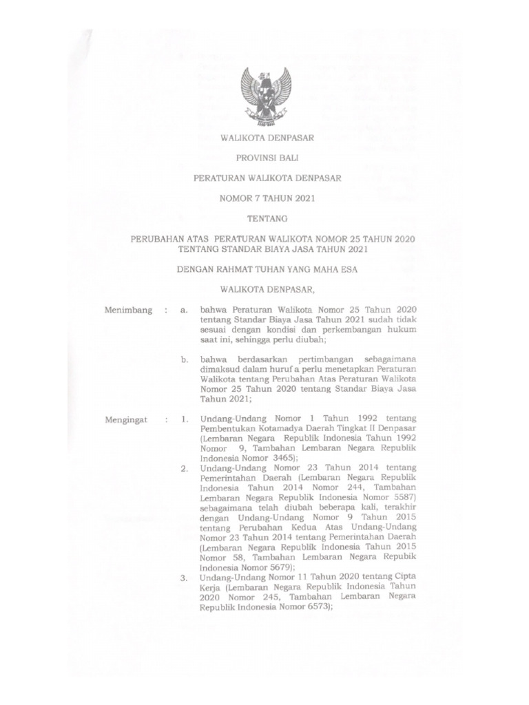 PERWALI NO 7 TAHUN 2021 STANDAR BIAYA JASA | PDF
