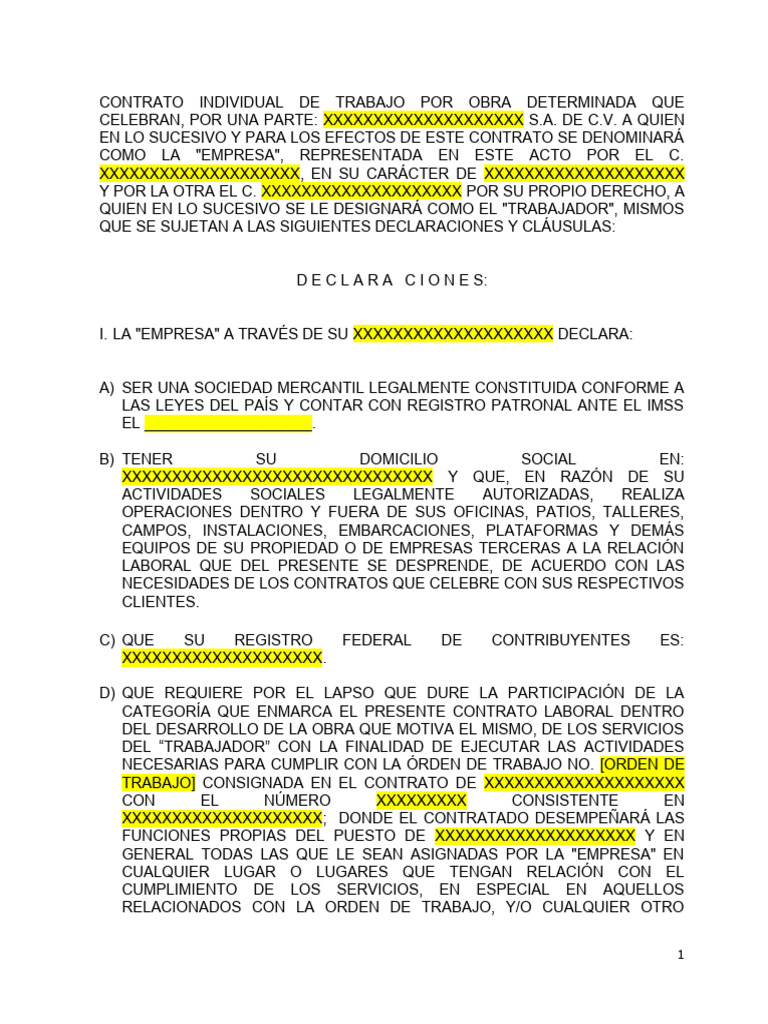 CONTRATO DE TRABAJO POR OBRA DETERMINADA COSTA AFUERA GENERICO | PDF | Salario | Derecho laboral