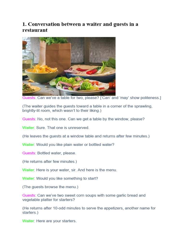 Waitress Conversation Scripts | PDF | Waiting Staff | Menu