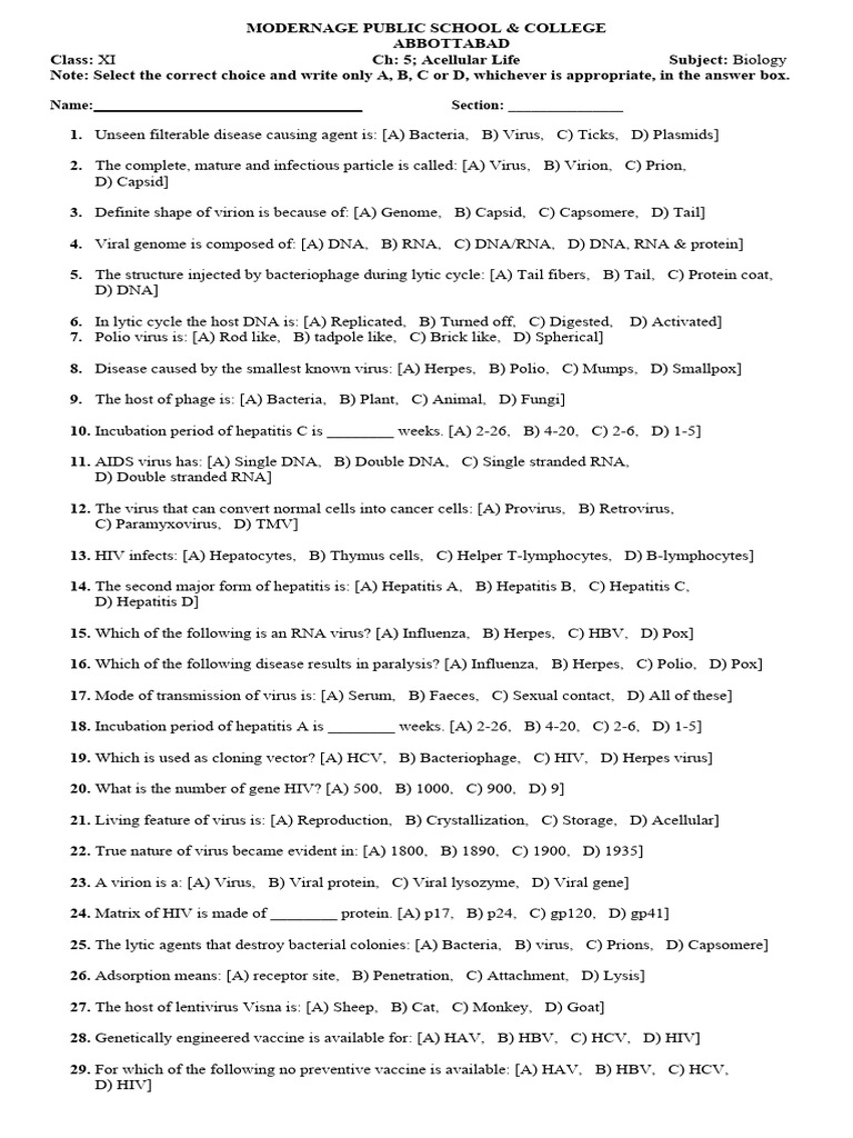 Acellular Life Quiz for Class XI Biology | PDF | Virus | Hiv