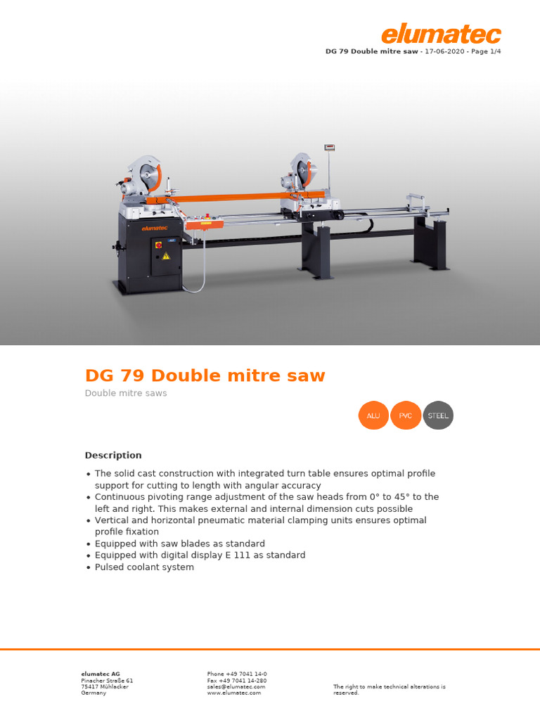 DG 79 Double Mitre Saw - Elumatec | PDF | Tools | Metalworking