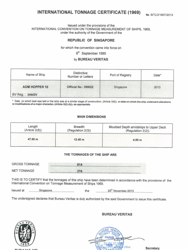 AOM HOPPER 10 - BV ITC International Tonnage Certificate | PDF