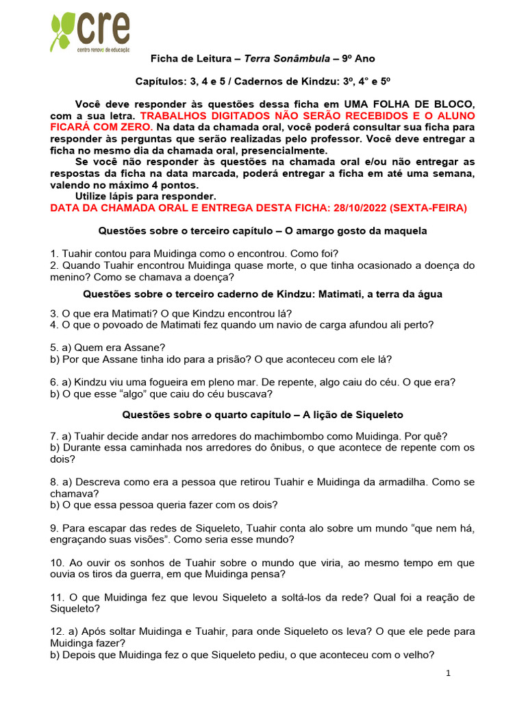 2 Ficha - Terra Sonâmbula | PDF