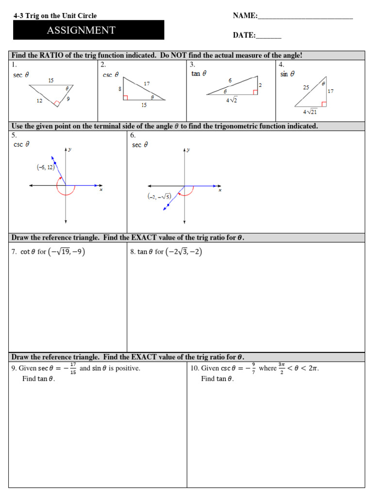 4-3 Worksheet Unit Circle | PDF | Trigonometry | Euclidean Geometry
