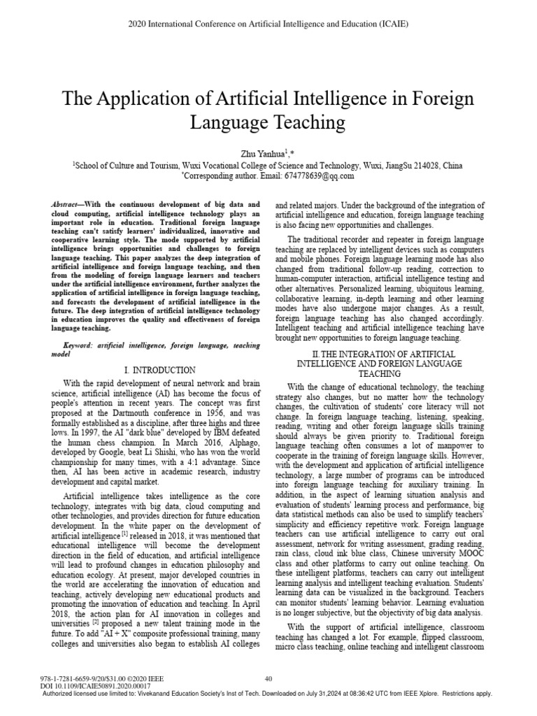 Ai Applications In Foreign Language Teaching Pdf Business