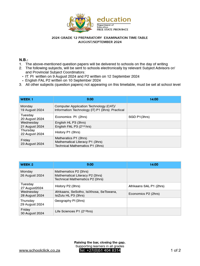 Free State Prelim TIme Table | PDF | Science