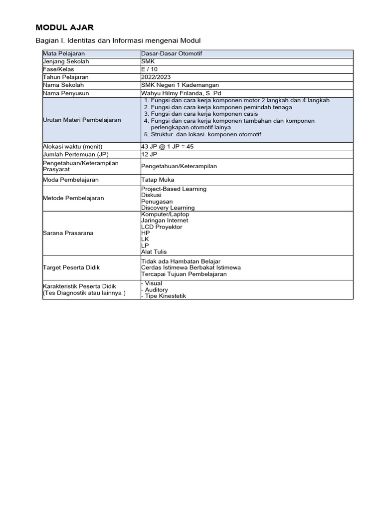 H. MODUL AJAR Pemeliharaan Komponen Otomotif | PDF