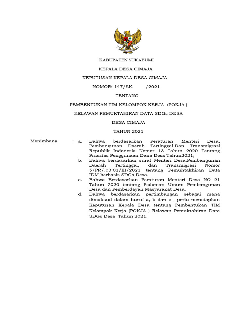 SK TIM POKJA PEMUTAKHIRAN SDGS Desa dan IDM 2021 | PDF