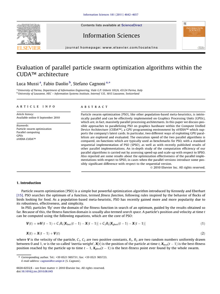 (2011) Evaluation of Parallel Particle Swarm Optimization Algorithms Within The CUDA ...