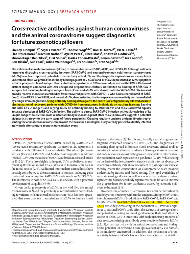 Cross-Reactive Antibodies Against Human Coronaviruses and The Animal ...