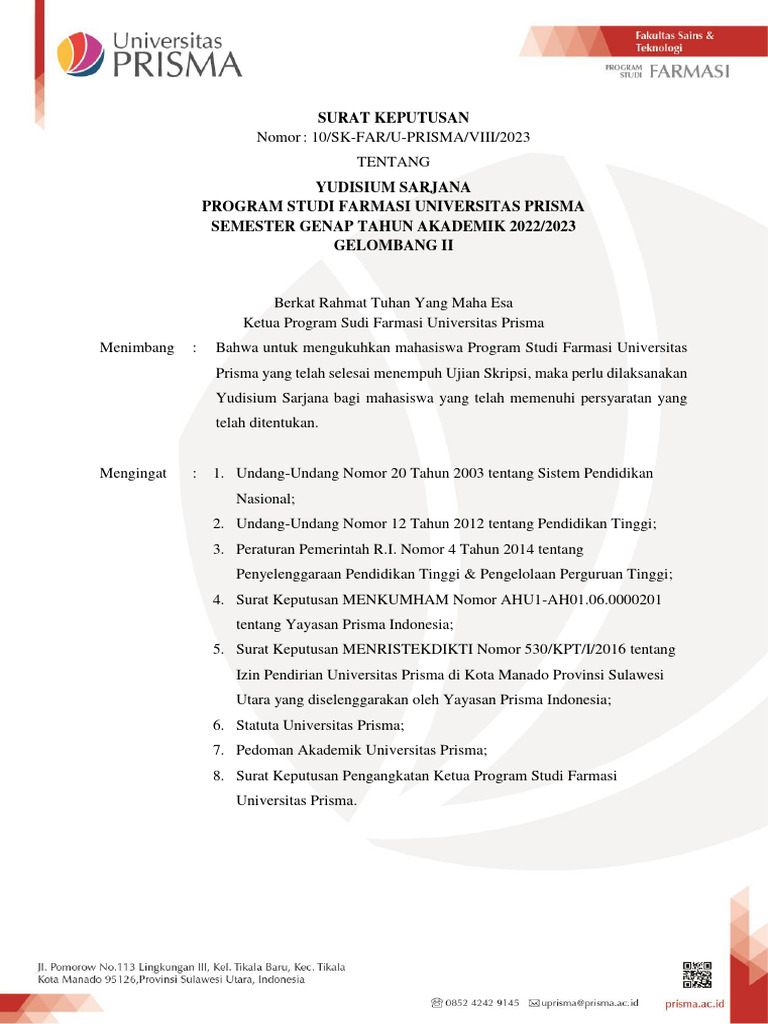 1.10 SK Yudisium Sarjana PS. Farmasi U-PRISMA Sem Genap TA. 2022-2023 Gelombang II-2 | PDF ...
