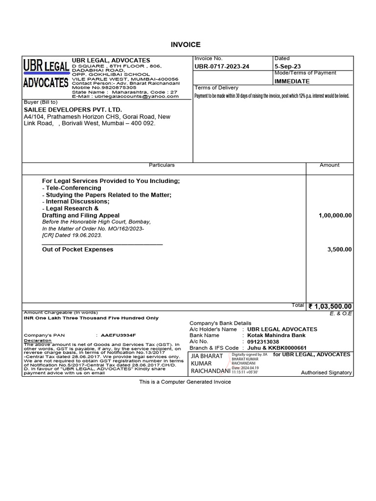 Legal Services Invoice UBR-0717-2023-24 | PDF | Taxation | Government ...