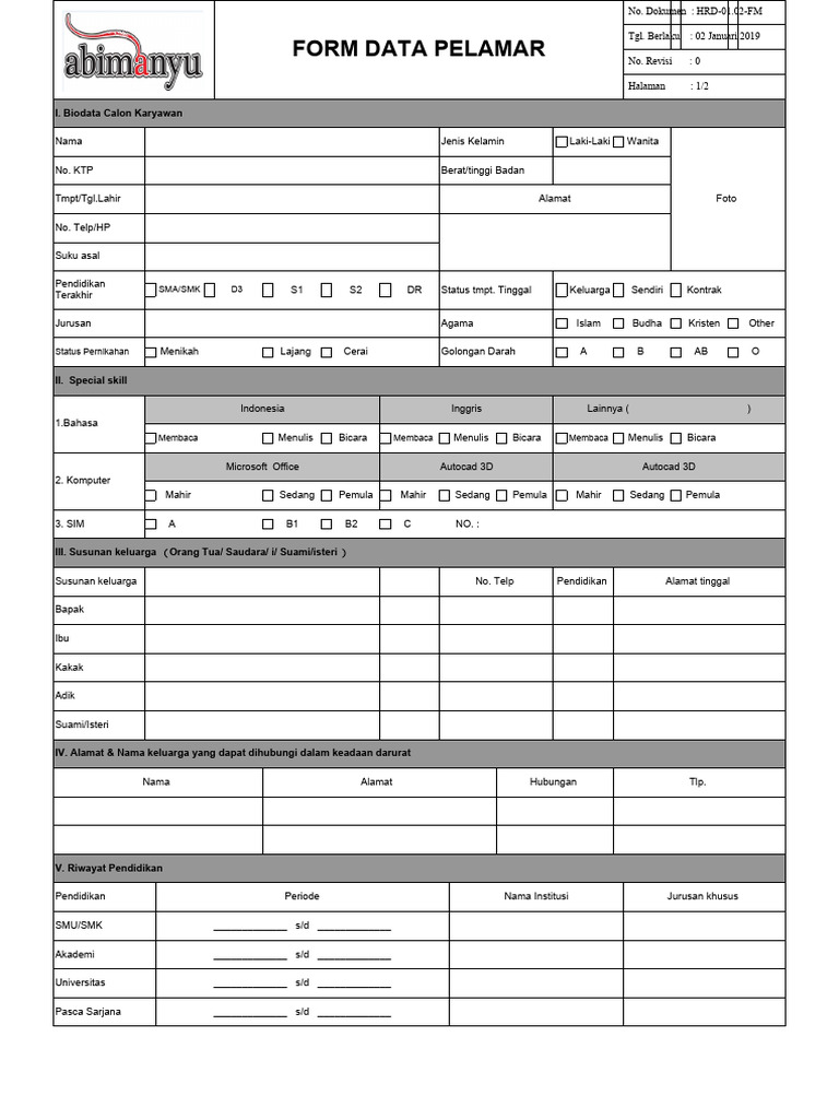HRD-01.02-FM Form Data Pelamar | PDF