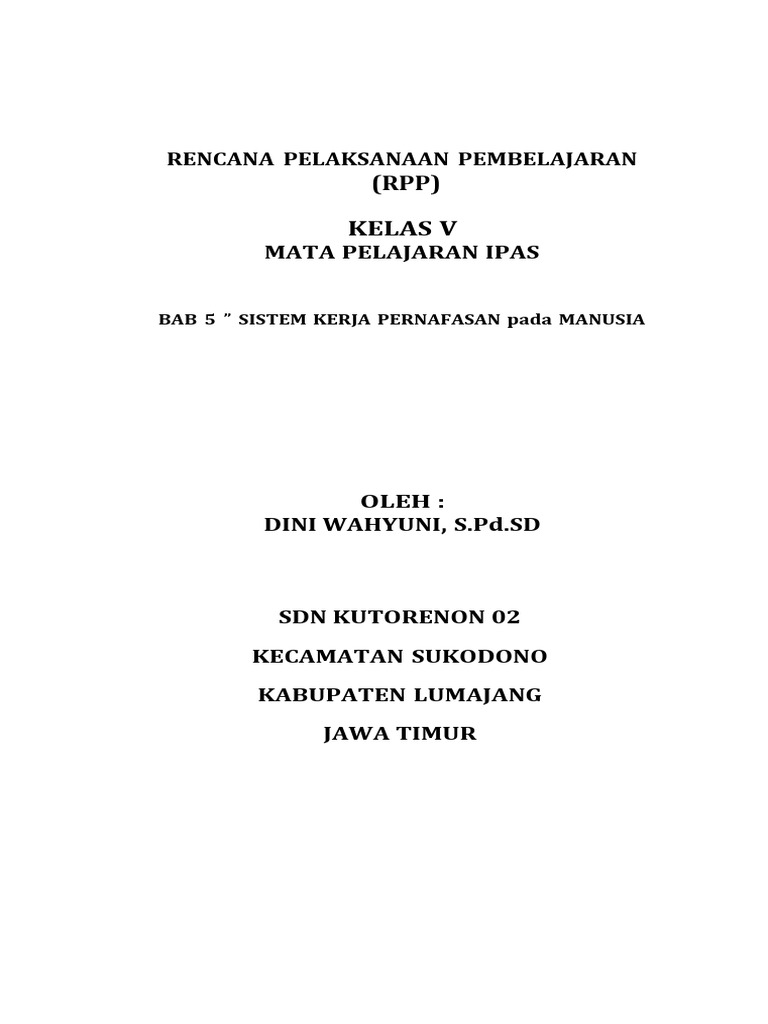 RPP Kumer-Sistem Pernafasan Pada Manusia - Kelas V | PDF | Karier ...