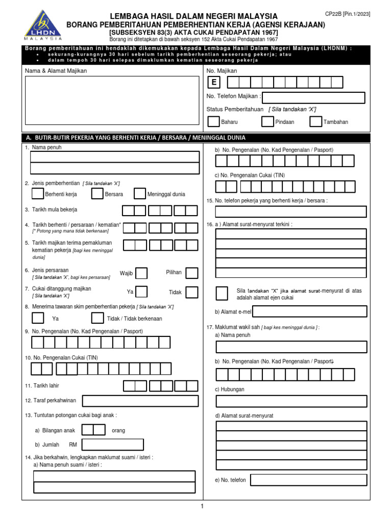 Borang CP22B (Pin.1-2023) - Cukai Pendapatan | PDF