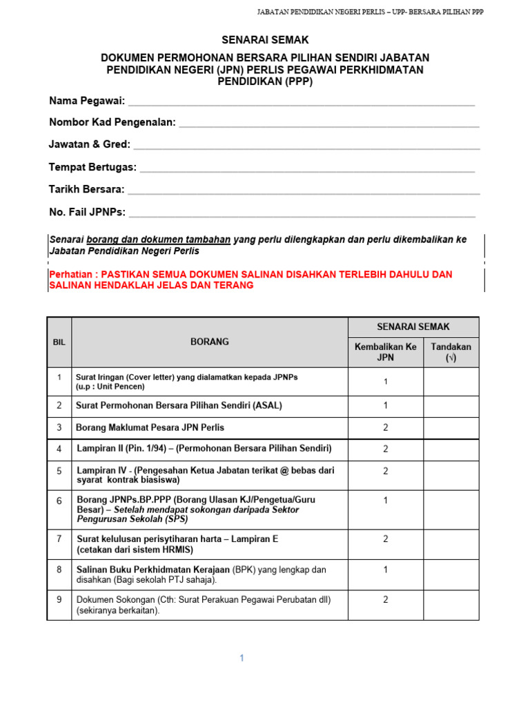 # Senarai Semak Permohonan Bersara Pilihan PPP | PDF