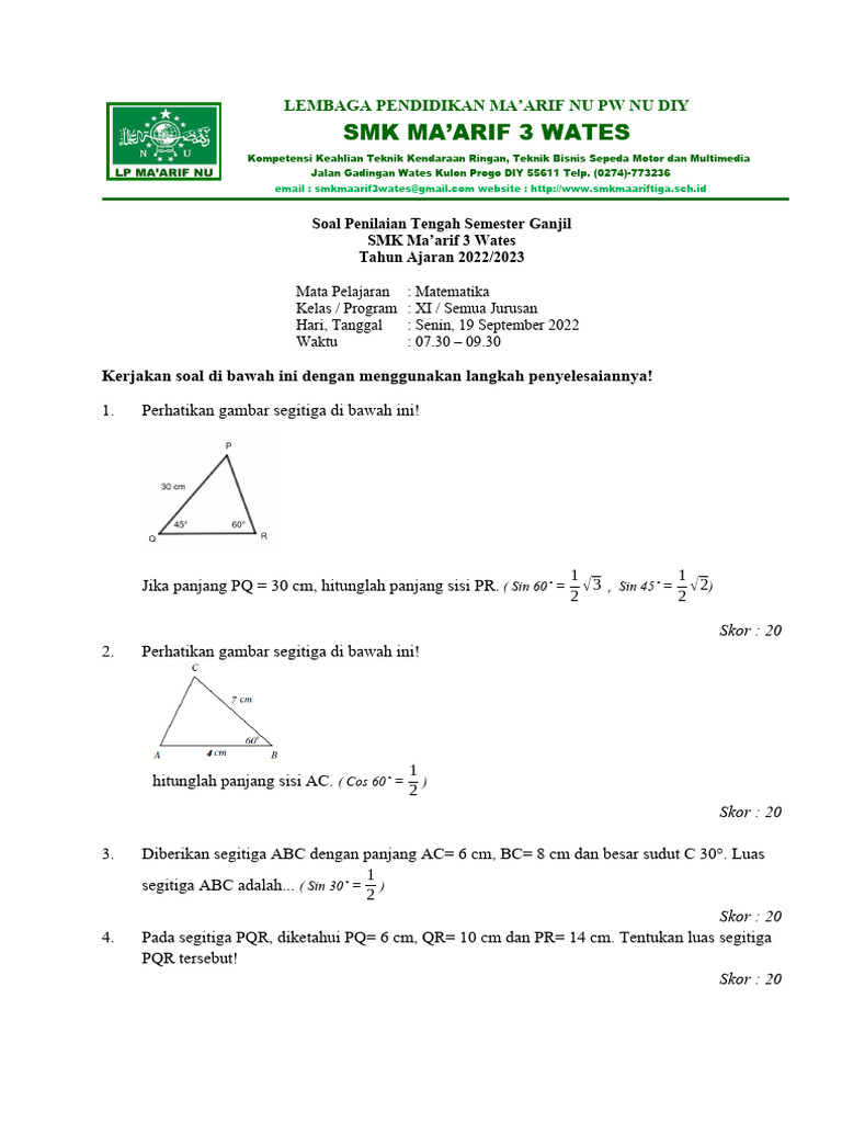 Soal, Kunci Jawaban, Dan Kisi-Kisi PTS MTK Kelas Xi 2022 | PDF