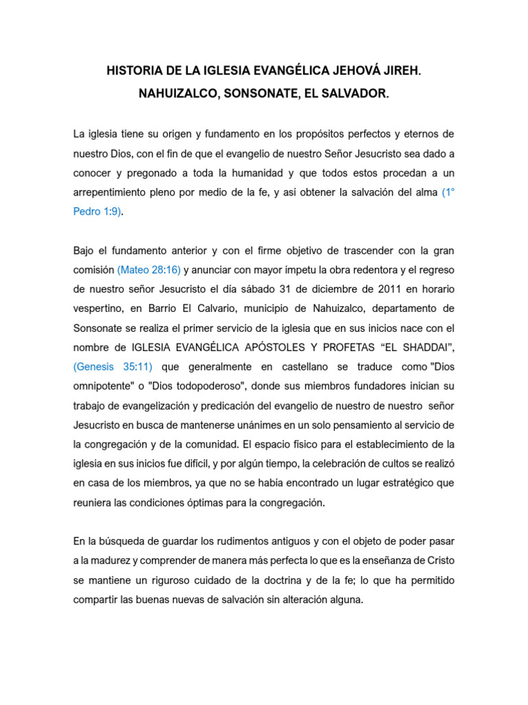 Historia de La Iglesia Jehová Jireh | PDF | Iglesia cristiana | Cristo (título)