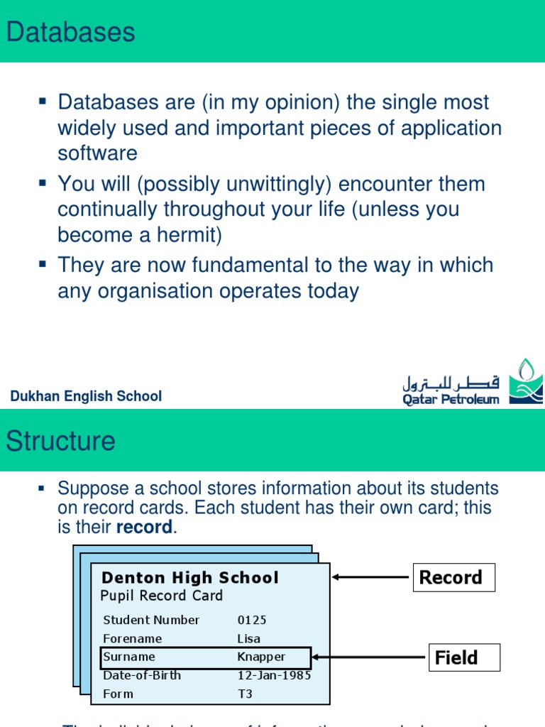 Databases: Dukhan English School | PDF | Data Type | Relational Database