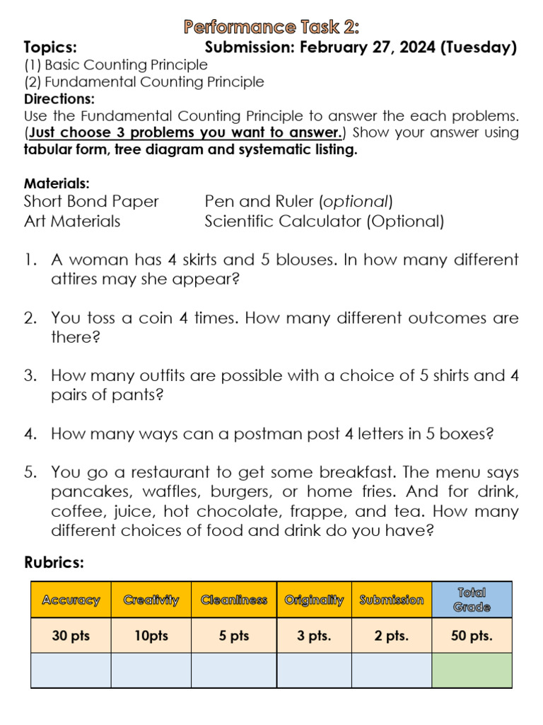 (4-5) Basic and Fundamental Counting Principle (Performance Task 1 ...