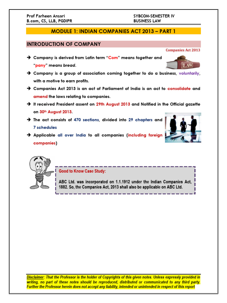 Sybcom - Sem Iv - Module 1 - Indian Companies Act - Part 1 | PDF | Copyright | Business