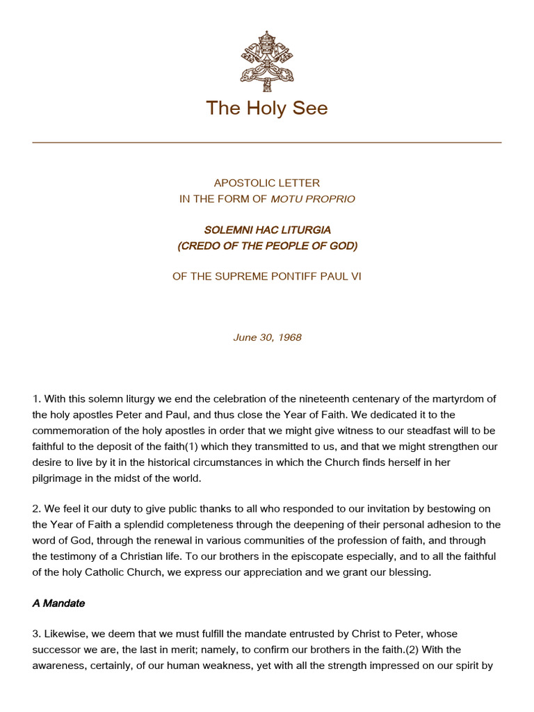 HF P-Vi Motu-Proprio 19680630 Credo | PDF | Eucharist | Catholic Church