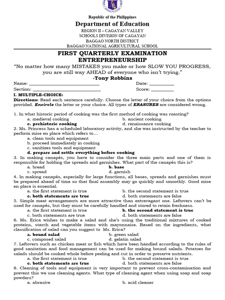 Cookery 1ST Quarter Examination | PDF | Mayonnaise | Salad