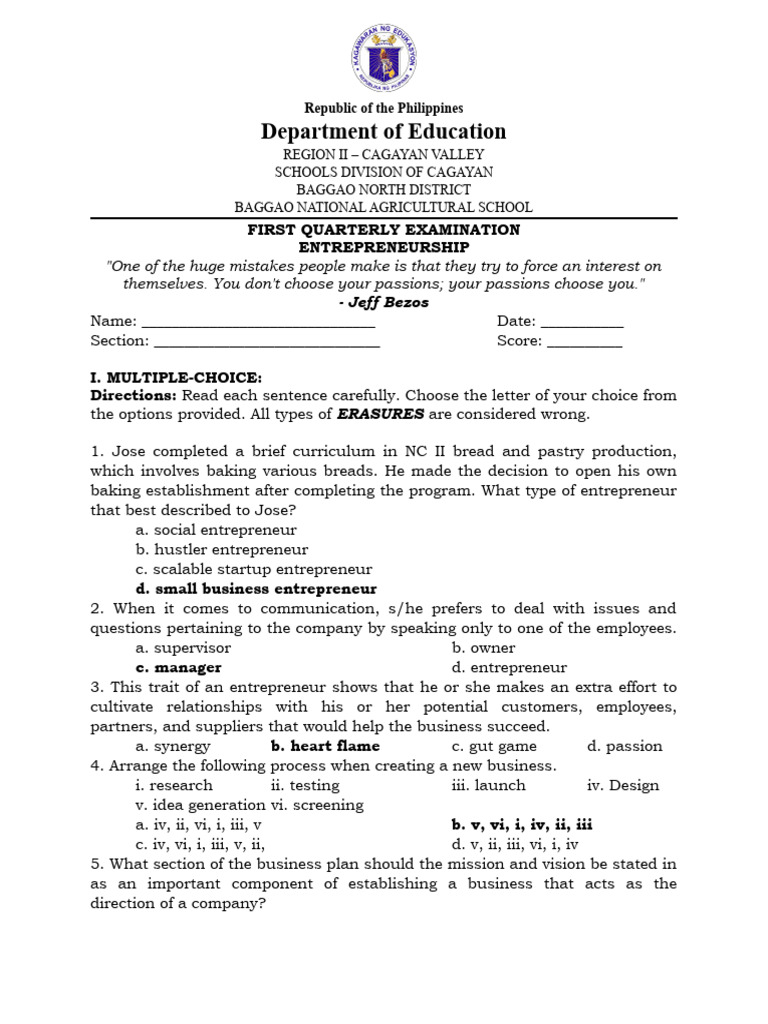 Entrep exam-SET A | PDF | Entrepreneurship | Startup Company