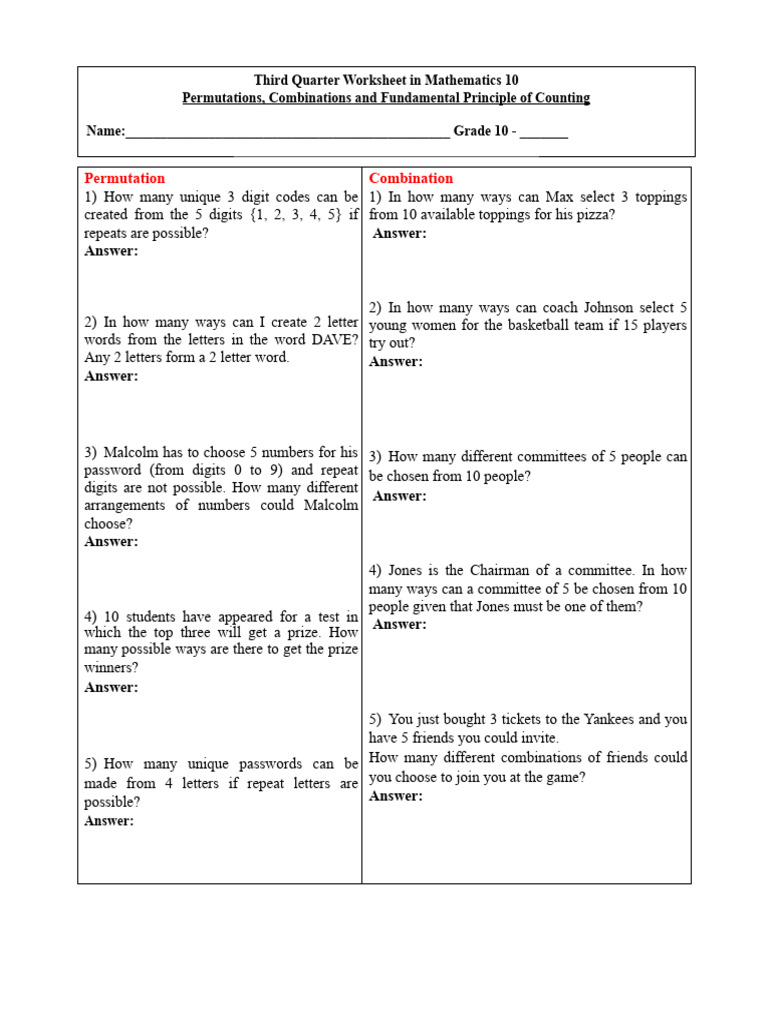 Permutations and Combinations Worksheet | PDF | Permutation | Lunch
