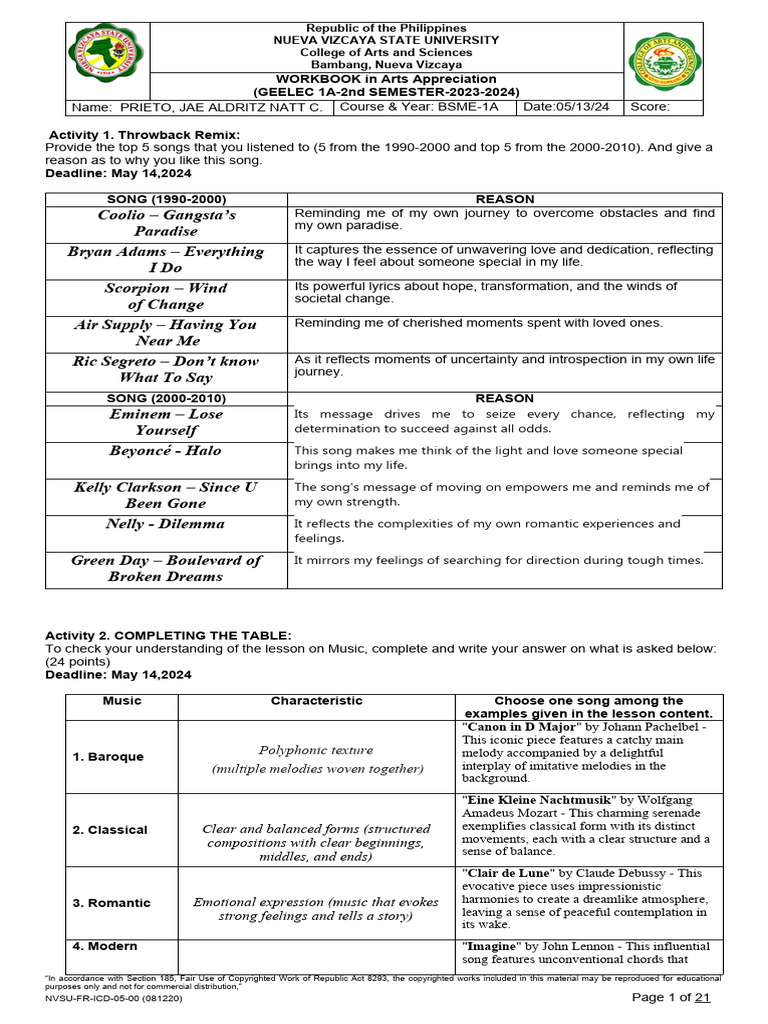 Activity For Arts Natt | PDF | Classical Period (Music)