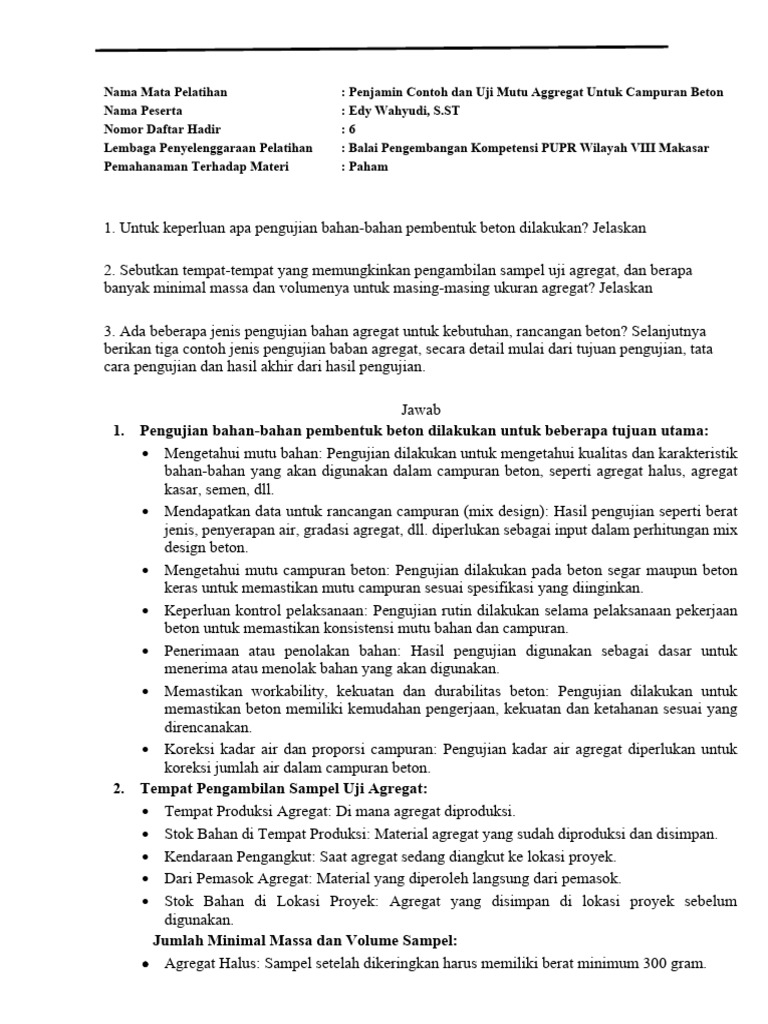 Tugas Pengambilan Contoh dan Uji Mutu Agregat Untuk Campuran Beton | PDF