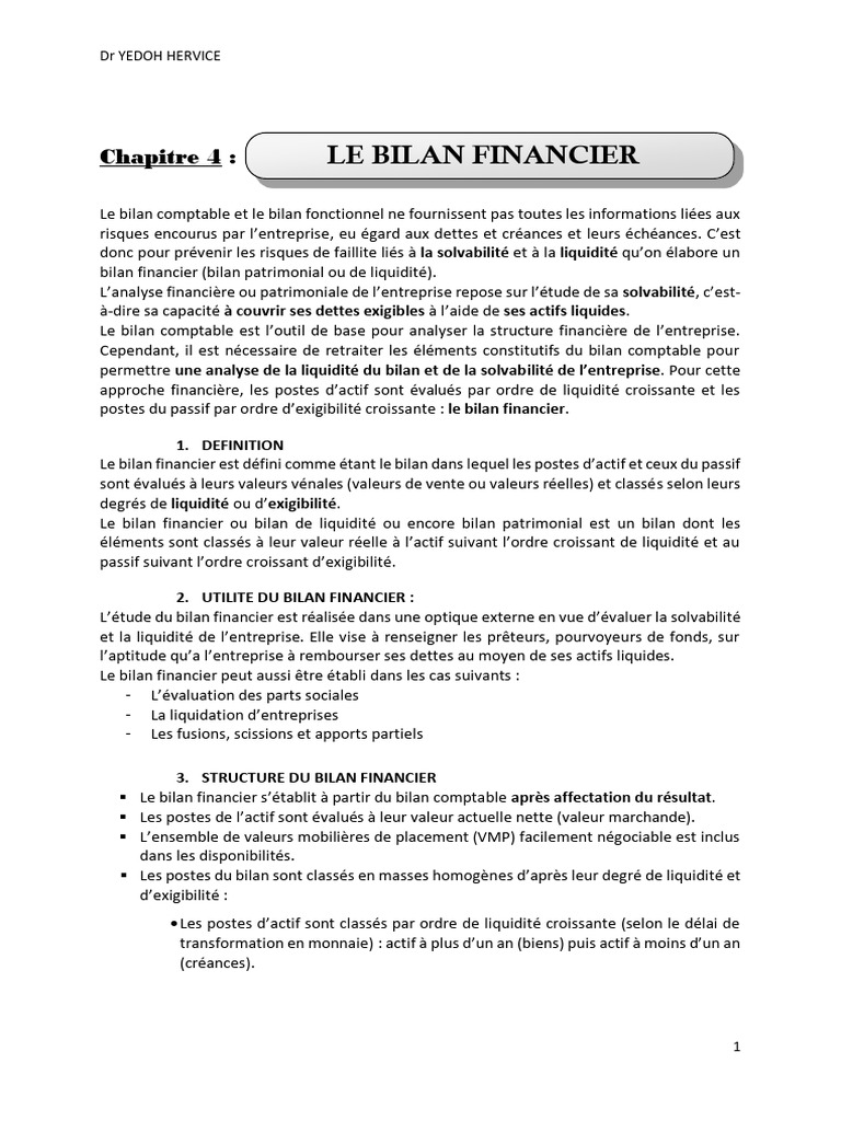 Analyse du Bilan Financier | PDF | Bilan comptable | Capitaux propres