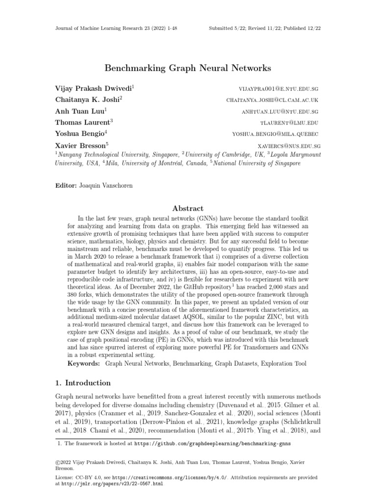 1023 2022 Benchmarking Graph Neural Networks | PDF | Artificial Neural Network | Artificial ...