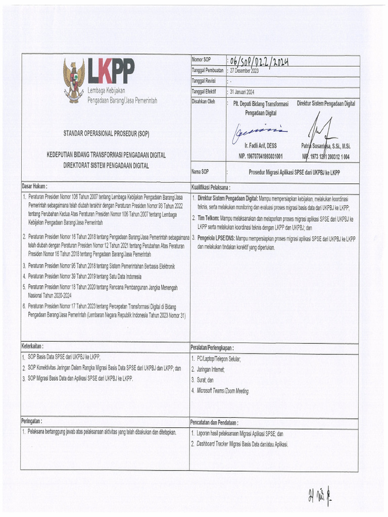 SOP Migrasi Aplikasi SPSE Dari UKPBJ Ke LKPP | PDF