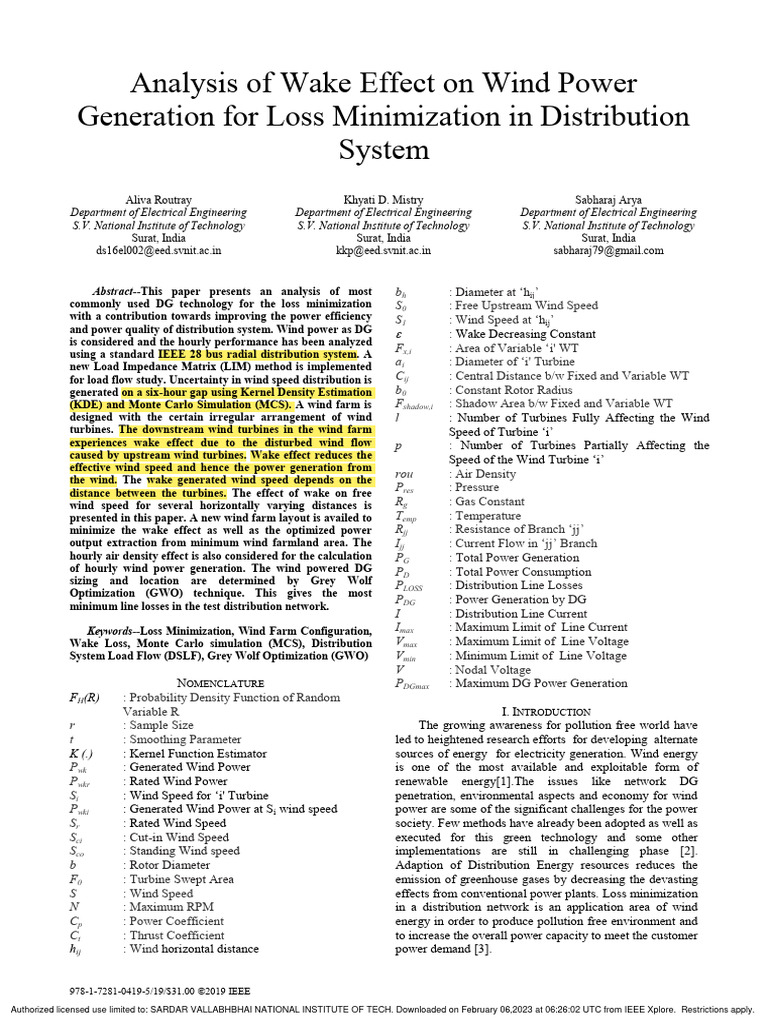 Analysis of Wake Effect On Wind Power Generation For Loss Minimization ...