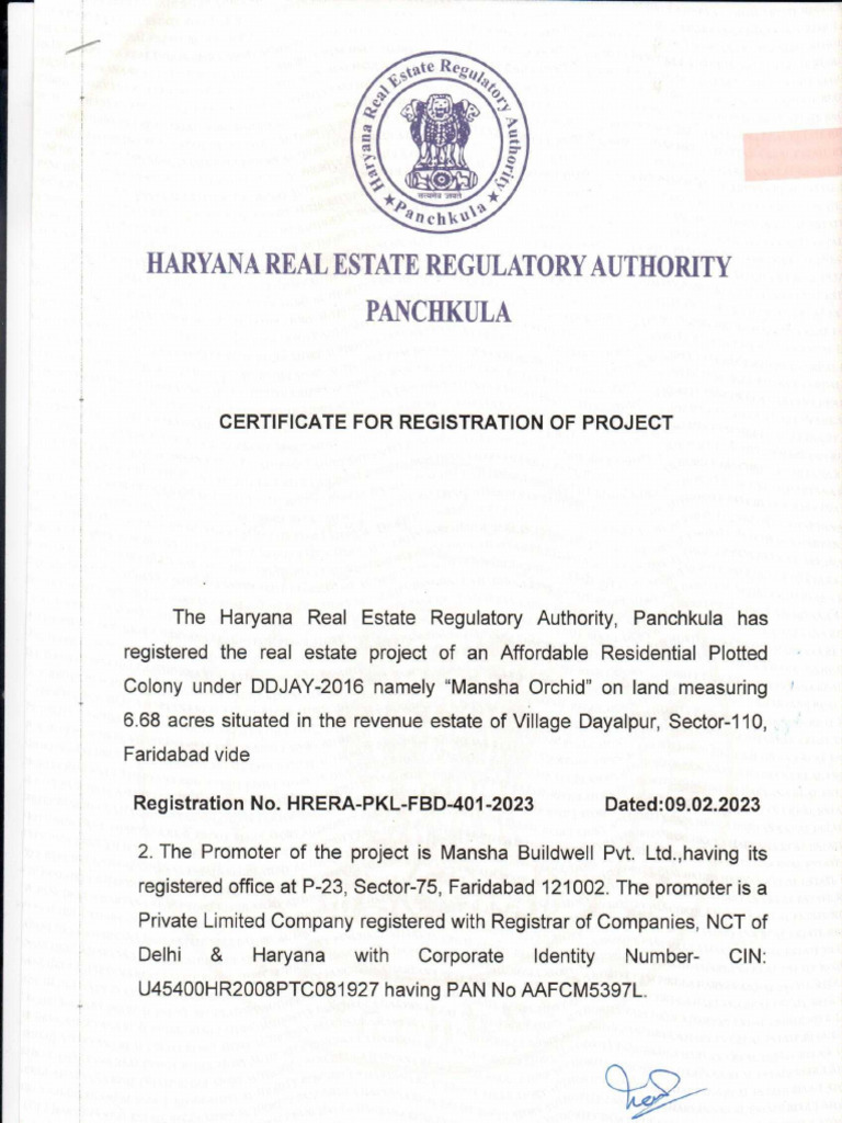 Mansha Orchid RERA Certificate | PDF