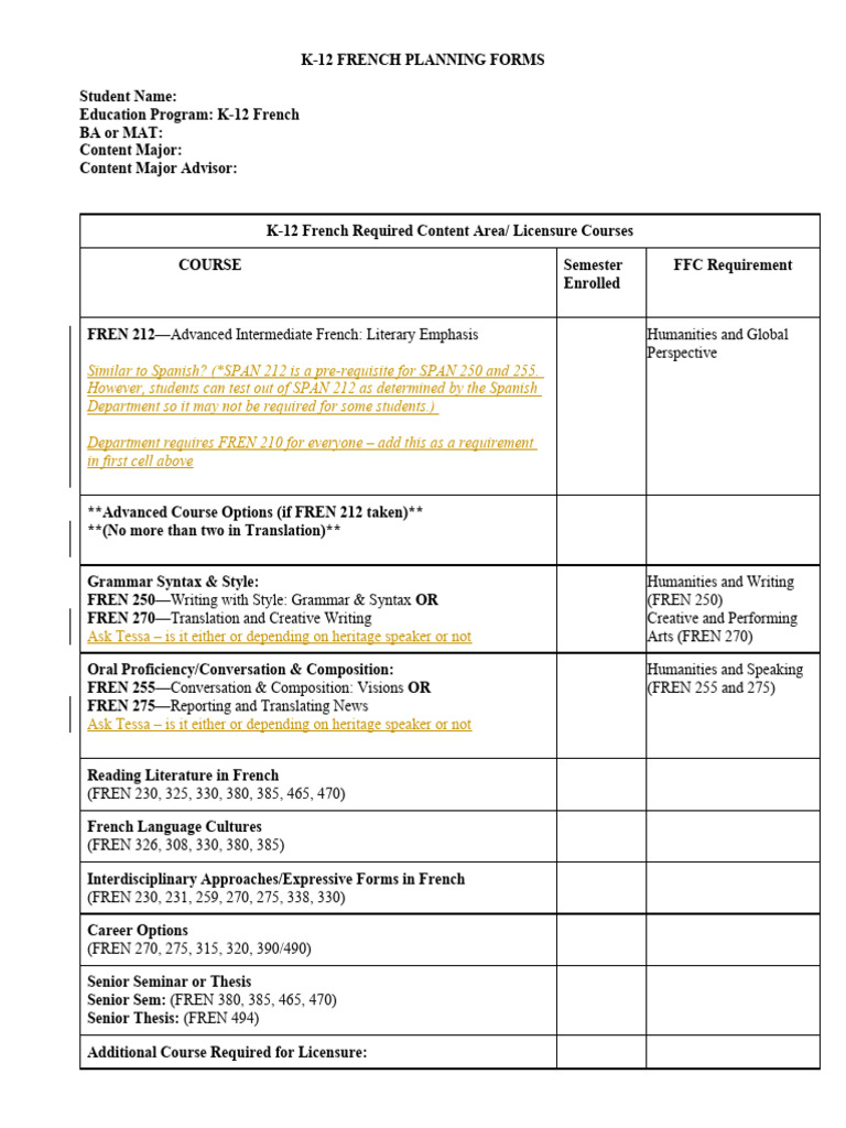 K-12 French Planning Sheet_072622 | PDF | Social Sciences | French Language