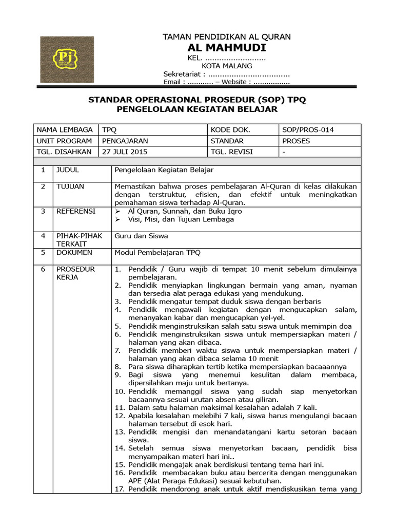 SOP Pengelolaan Belajar TPQ | PDF | Karier & Perkembangan