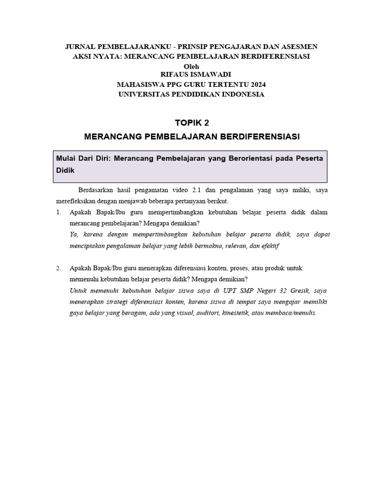 Jurnal Pembelajaran 1 (Modul PPA Umum) Diferensiasi | PDF