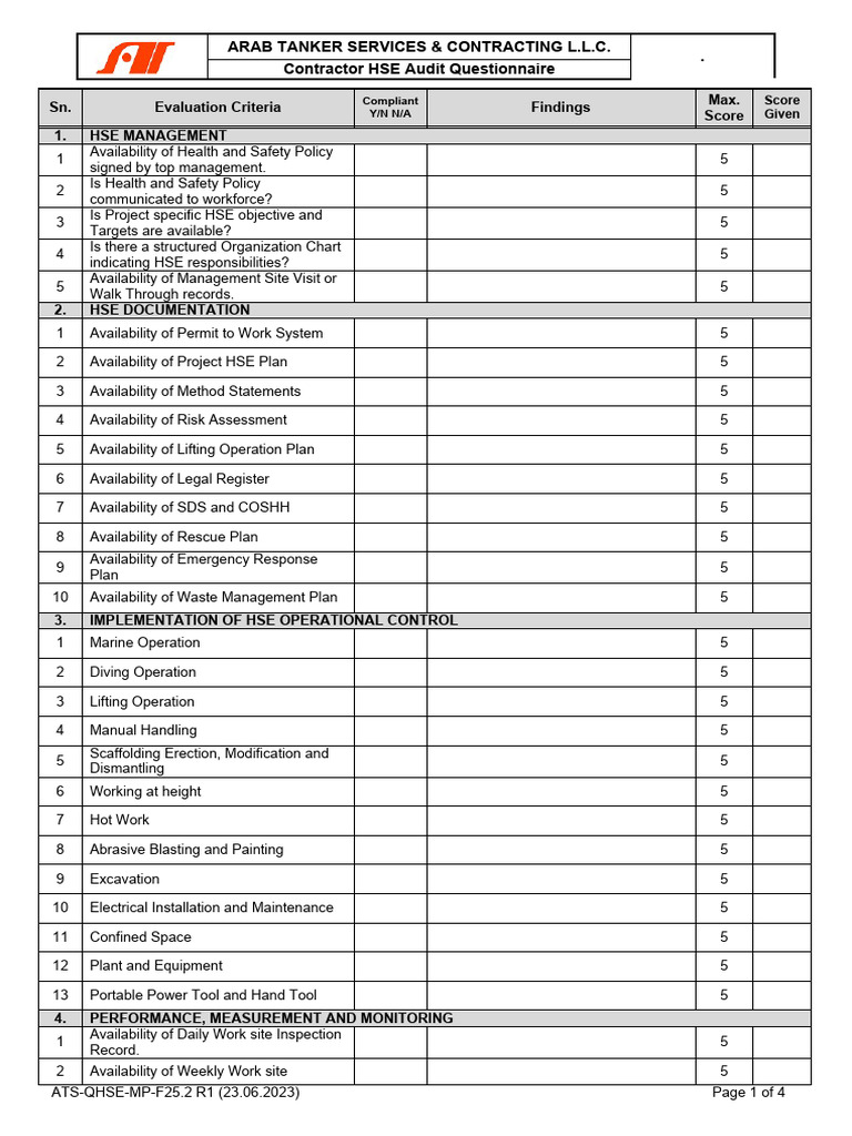 Contractor HSE Audit | PDF | Occupational Safety And Health | First Aid